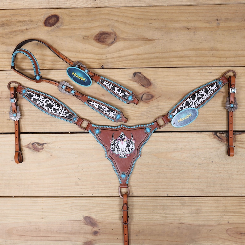 Cowhide Headstall & Breast Collar Tack Set: Turquoise Western Horse ...