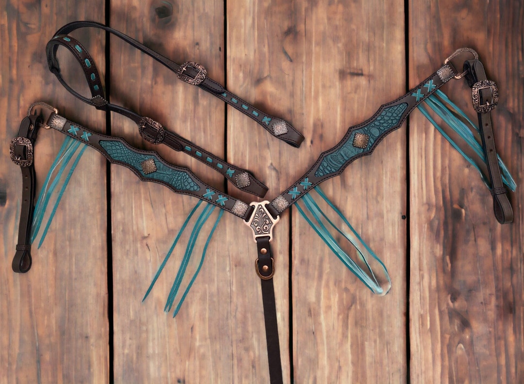 Western Horse Bridle Conchos Headstall and Collar, Cow Hide Leather ...