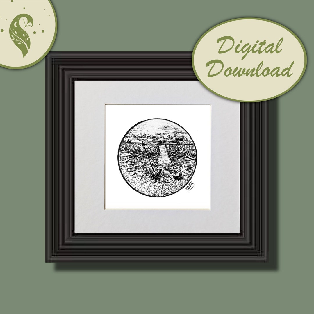 Printable Mousehole Cornwall Art Print Seascape Boats in Harbour ...