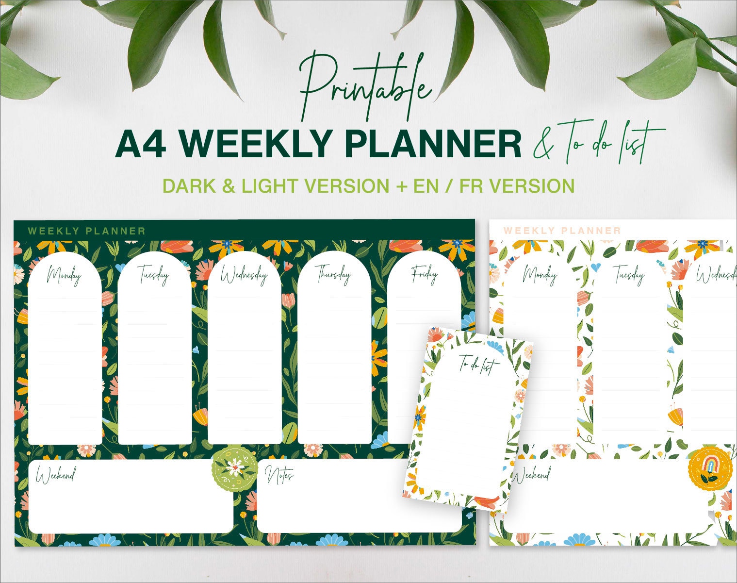 Semainier A4 Imprimable ou Digital (version foncée et claire, FR et EN ...