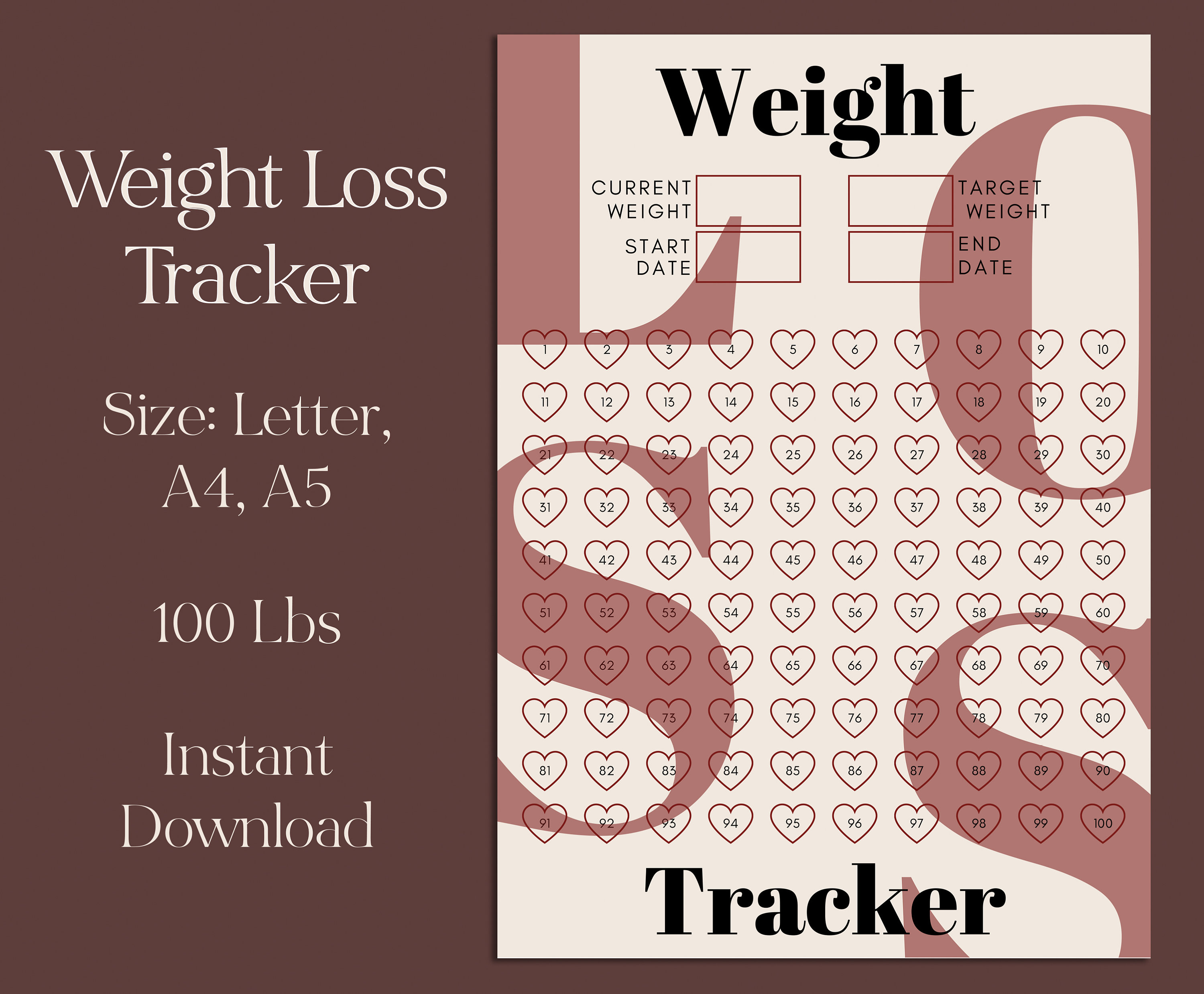 Weight Loss Tracker, 100 Lbs, Weight Loss Tracker Printable, Weightloss ...