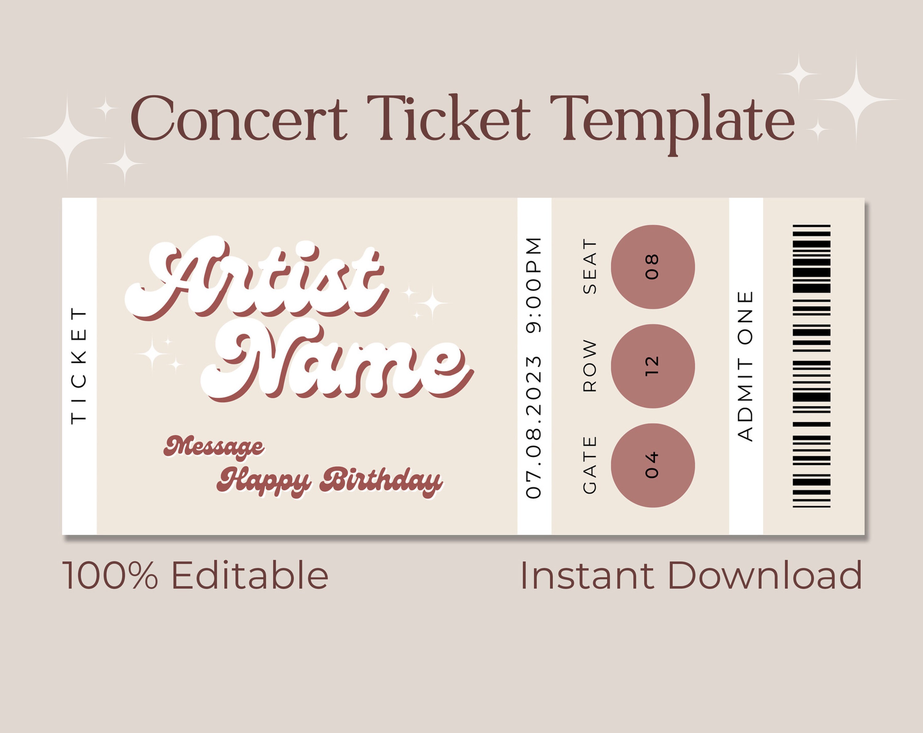 Concert Ticket Template, Editable Concert Ticket Template, Custom ...