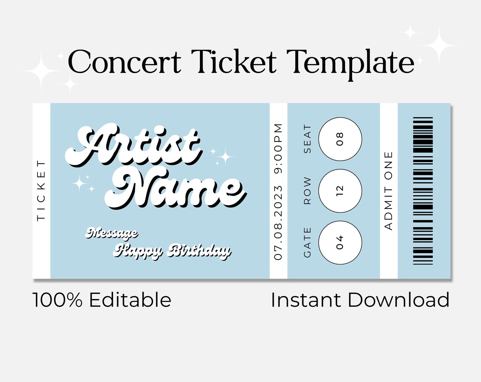 Concert Ticket Template, Editable Concert Ticket Template, Custom ...
