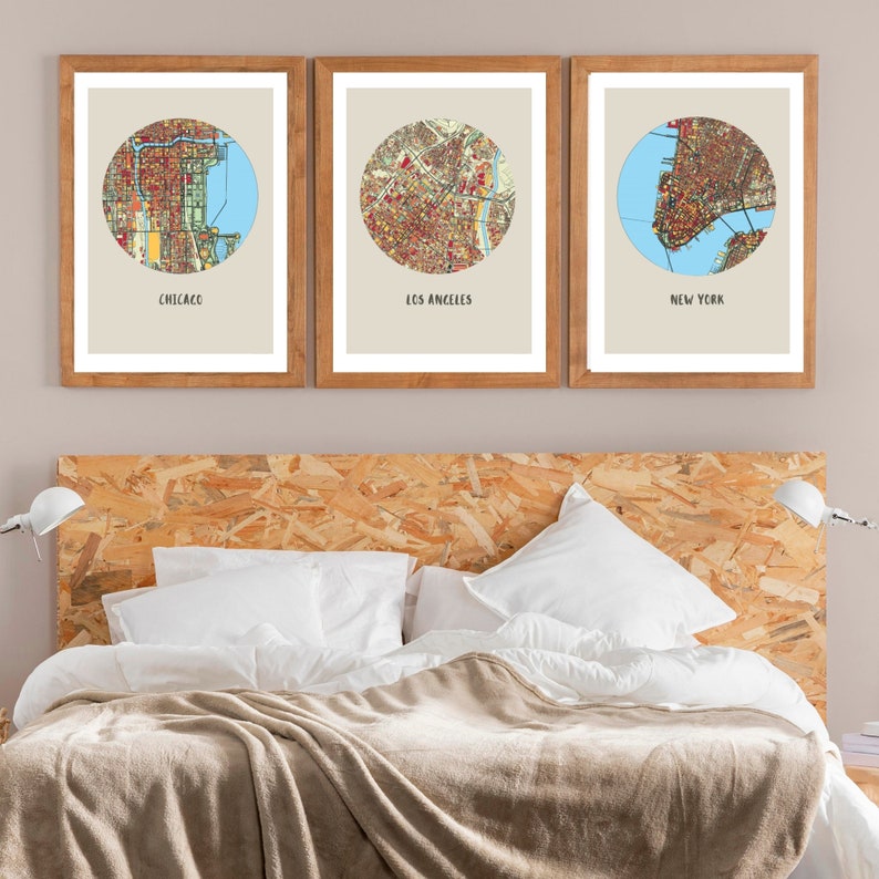 Set of 3 Los Angeles, Chicago, New York United States Prints City Maps ...