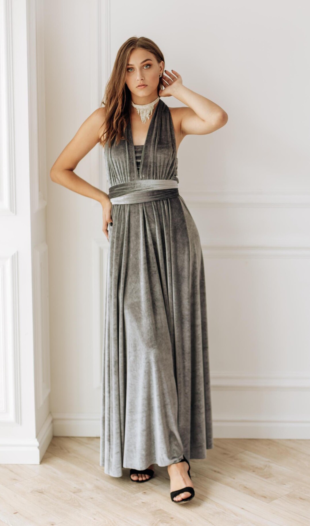 Grey Velvet Convertible Wrap Dress – Custom Fit Multi-way Maxi Gown for ...