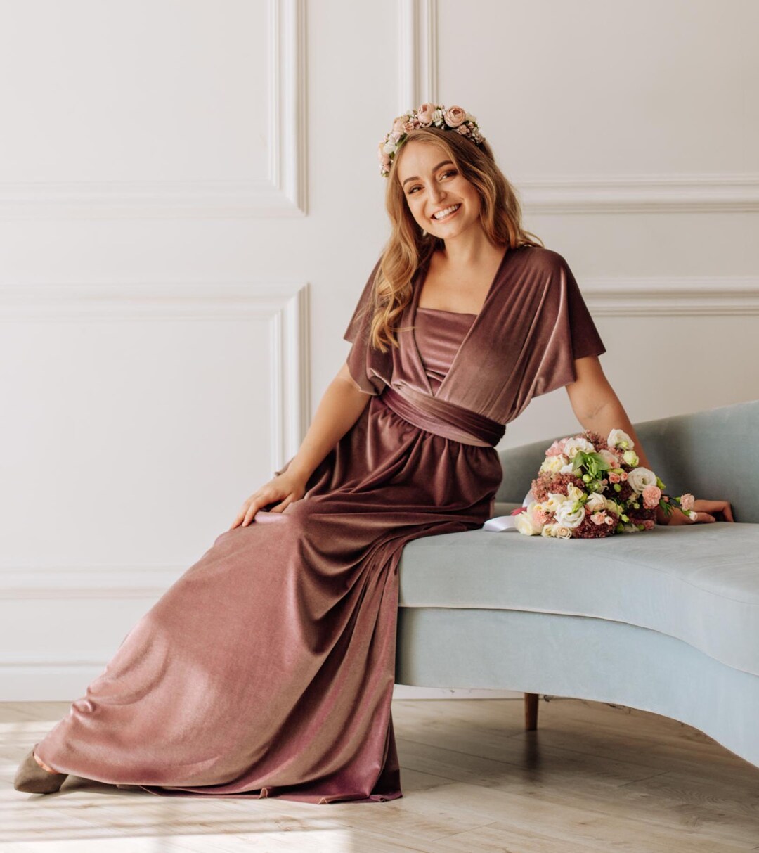 Dusty Rose Velvet Infinity Wrap Bridesmaid Dress – Custom Sizing ...