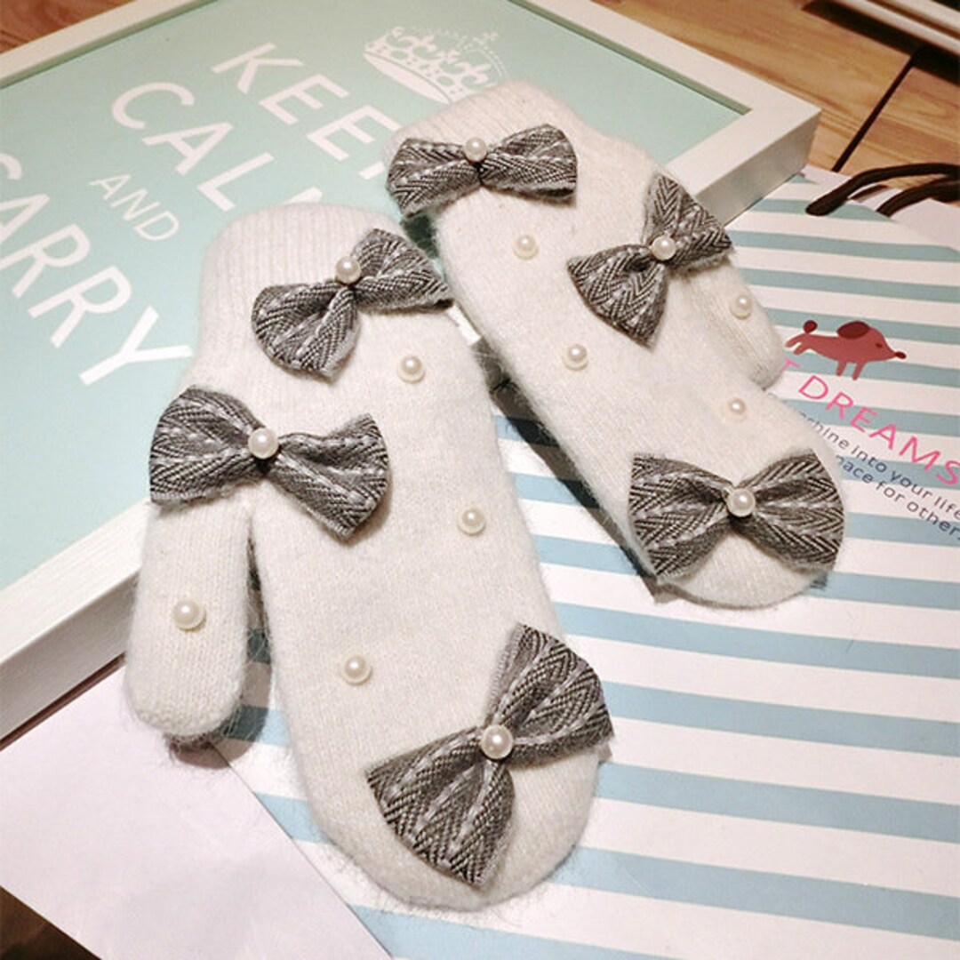 Rabbit Hair Blended Bowing Pearl Design Even Finger Gloves - Etsy