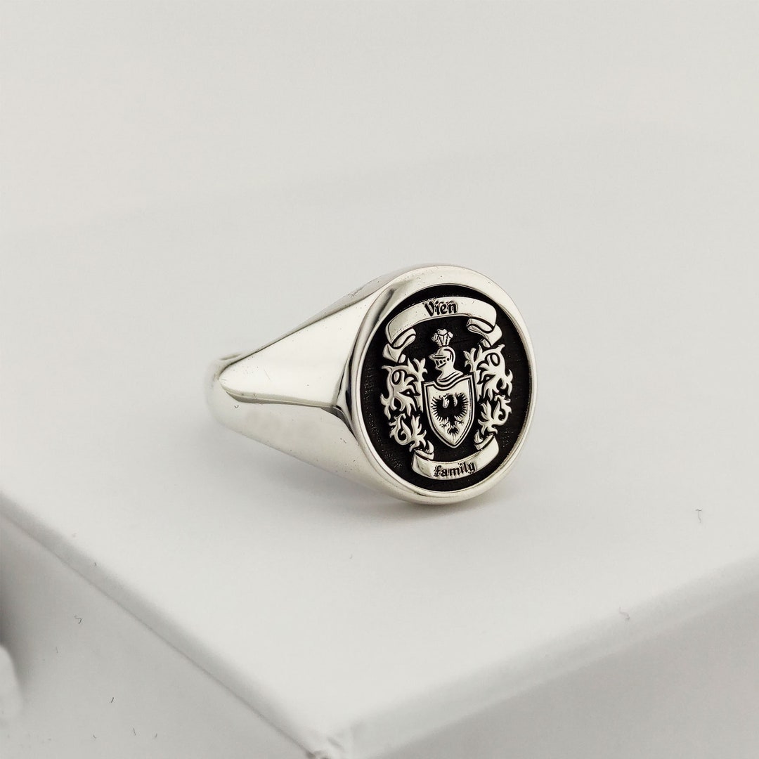 Unique Heraldic Family Crest Ring, Custom Silver College Signet Ring ...