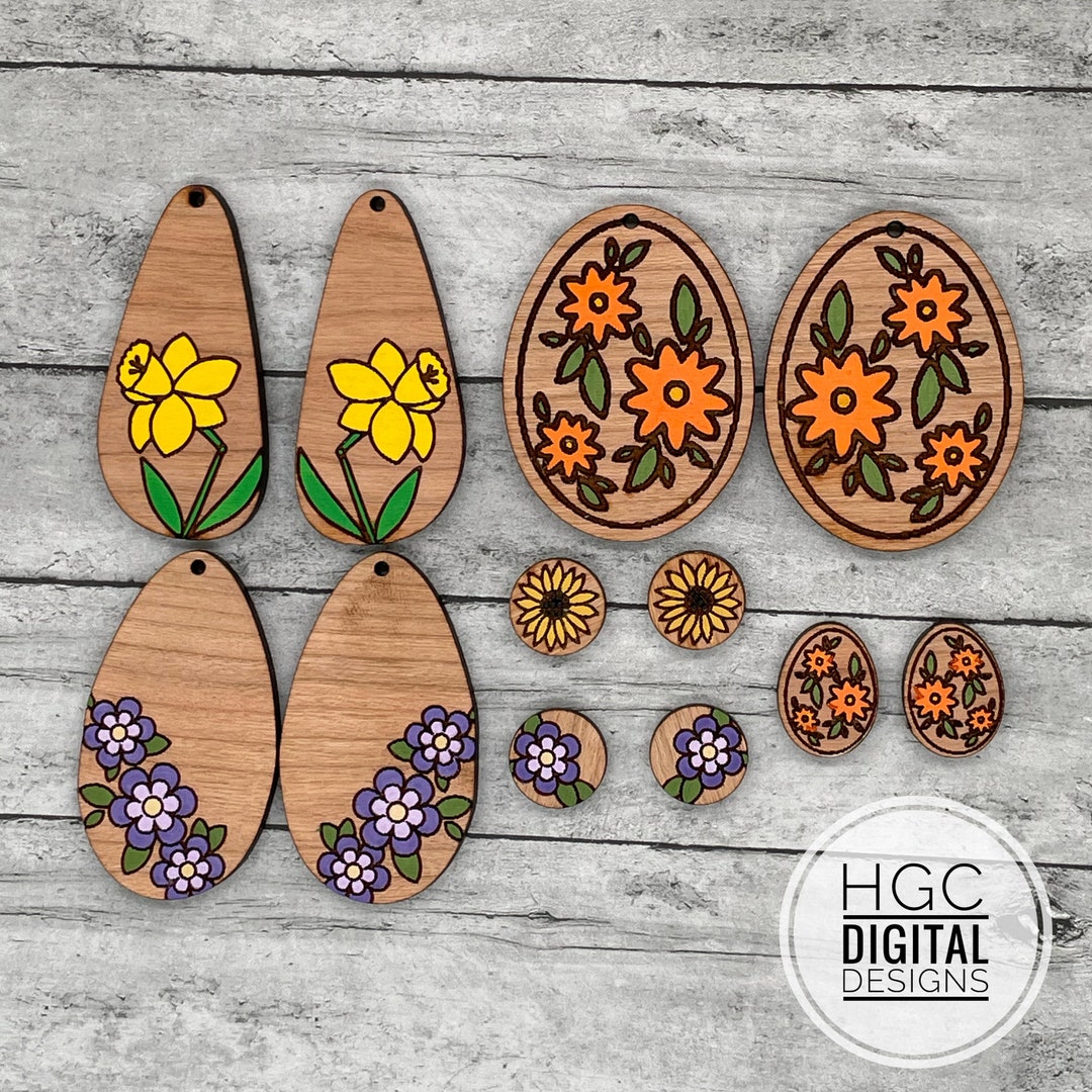 Flower Drop & Stud Bundle, Spring Floral Stud Earrings, Summer Earring, SVG Laser Design ...