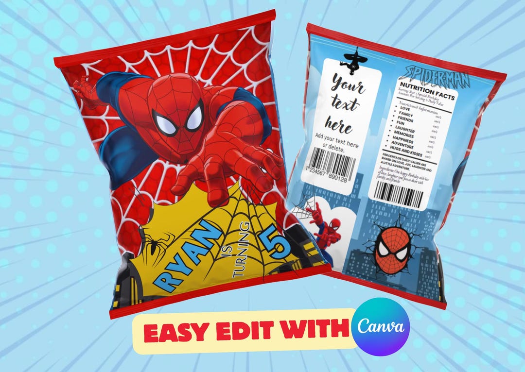Spider Man Party Labels – Chips Bag Template – Editable in Canva ...