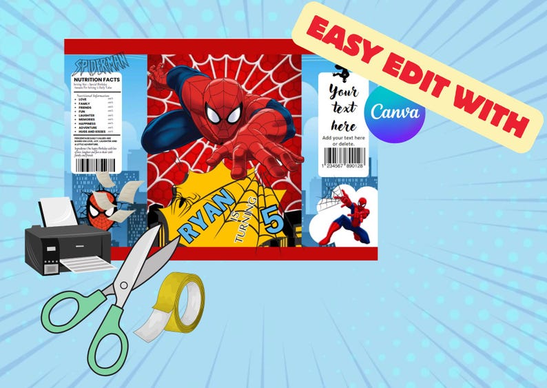 Spider Man Party Labels – Chips Bag Template – Editable in Canva ...
