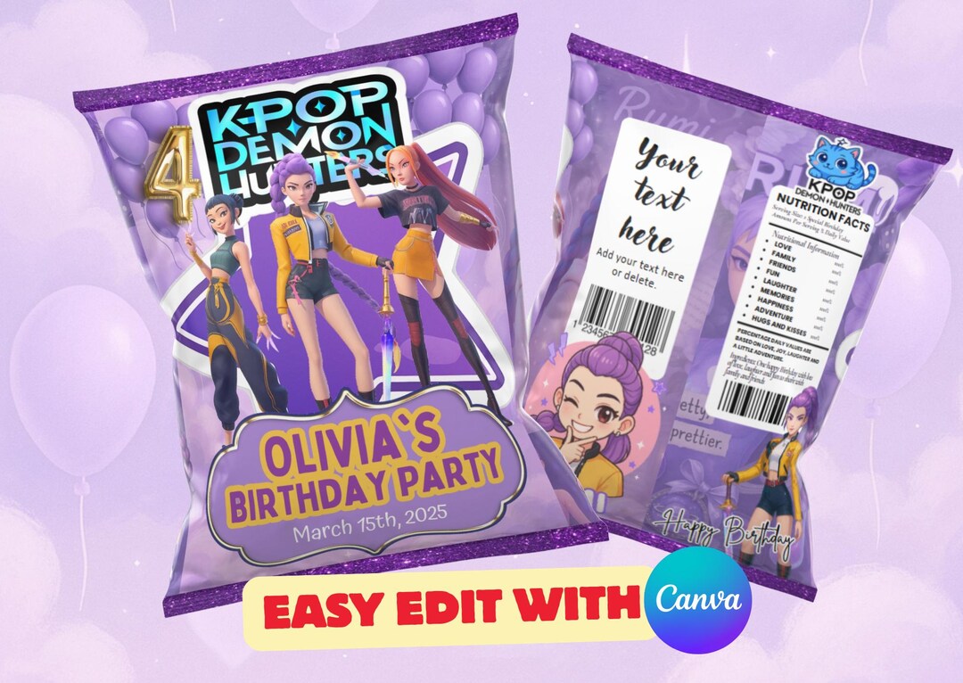 Editable K Pop Demon Hunters Chip Bag Label: Custom Birthday Party ...