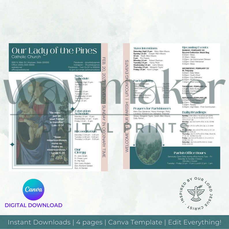 Editable Catholic Church Bulletin Template: Canva Layout (digital ...