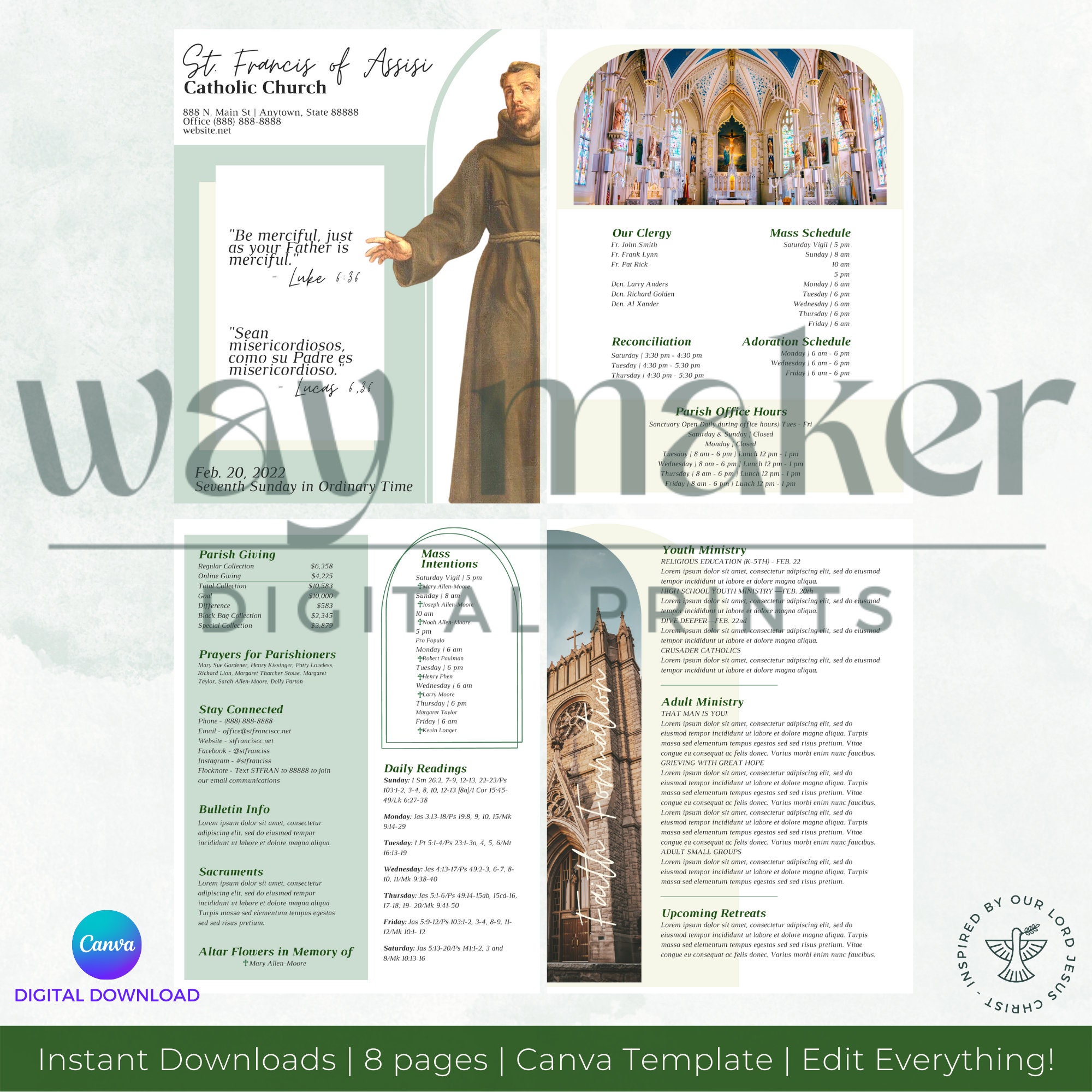 Catholic Church Bulletin Template: Editable Canva Design (digital ...