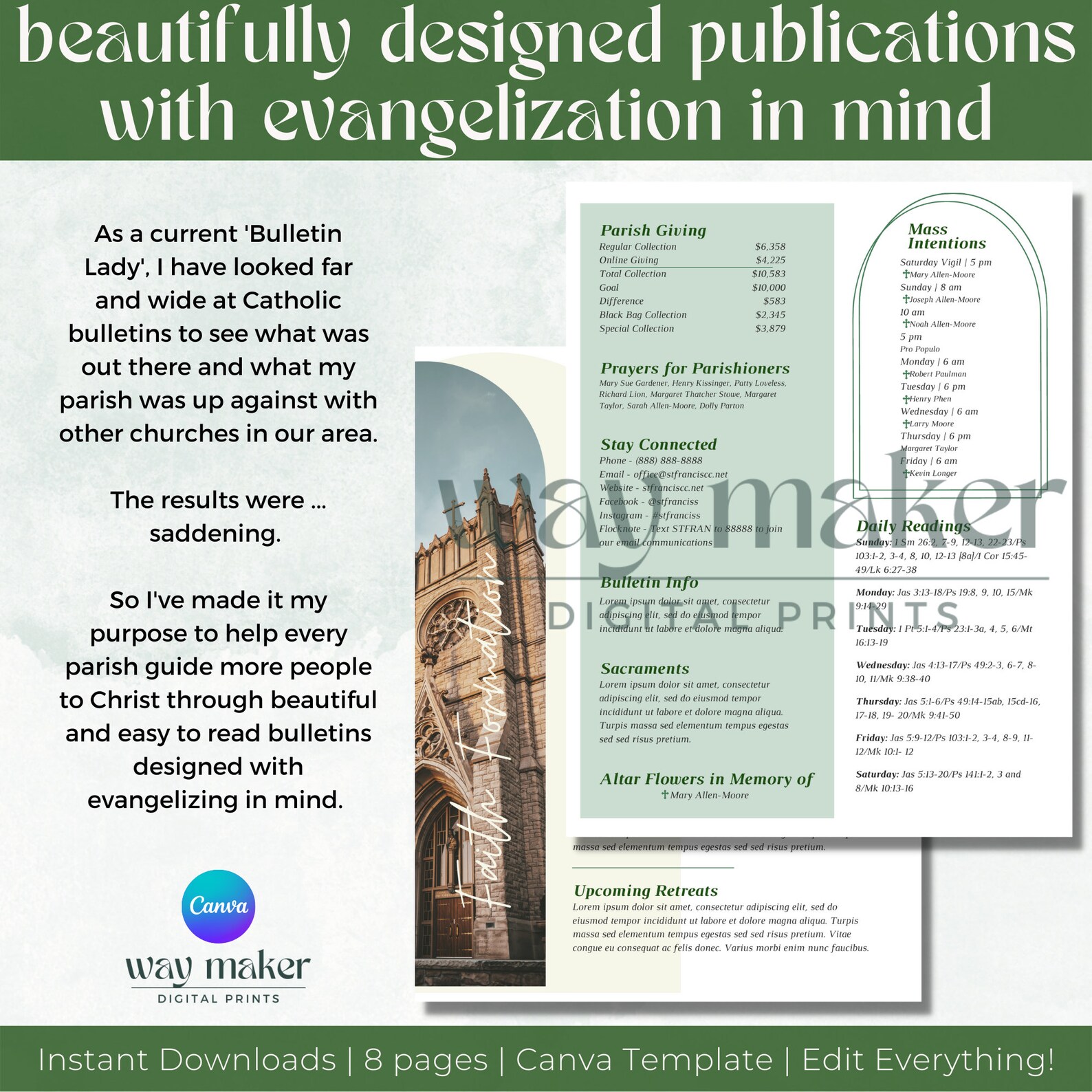 Catholic Church Bulletin Template: Editable Canva Design (digital ...
