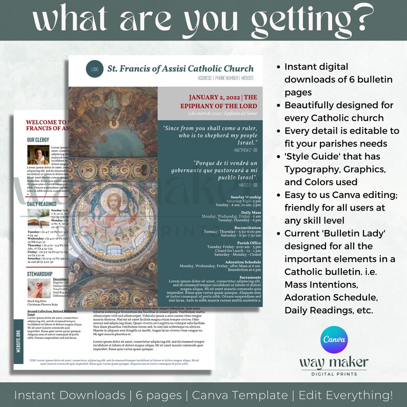 Catholic Church Bulletin Template: Editable Canva Design (digital ...