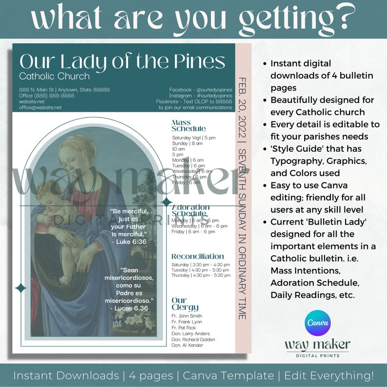Editable Catholic Church Bulletin Template: Canva Layout (digital ...