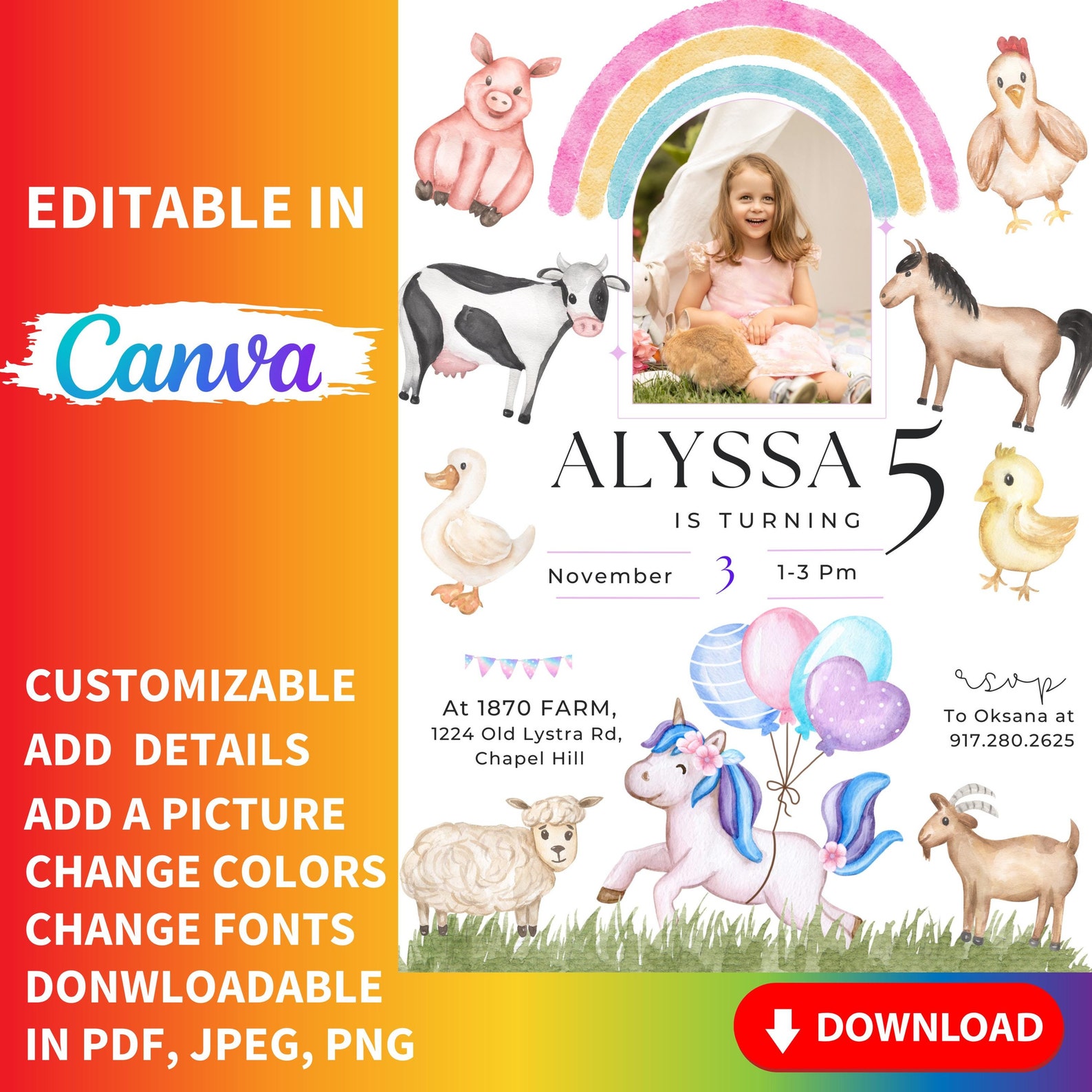 Editable Magical Farm Invitation WITH PHOTO Unicorn Farm Birthday Party ...