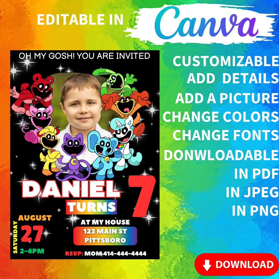 Smiling Critters Birthday Party Invitation With A PHOTO Poppy Playtime ...