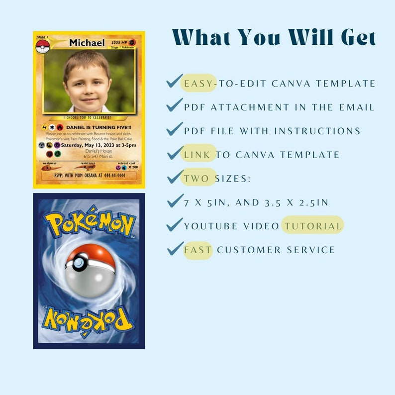 Pikachu / Pokemon Card Birthday Invitation With Picture Photo, Editable ...