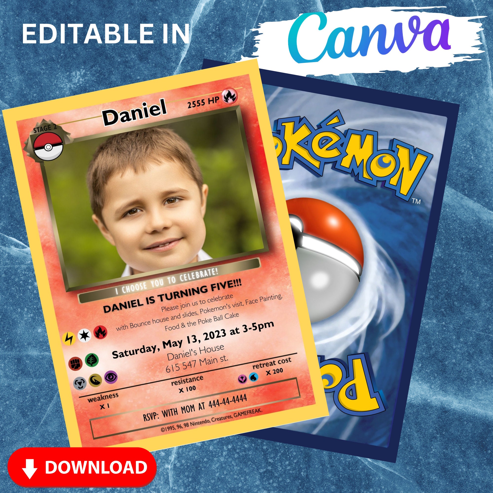 Pikachu / Pokemon Card Birthday Invitation With Picture Photo, Editable ...