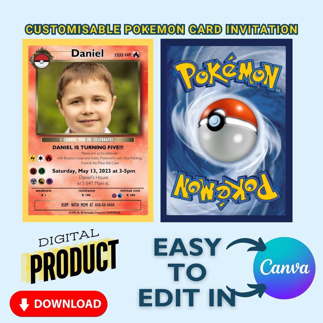 Pikachu Pokemon Birthday Invitation With Photo, Printable Canva ...