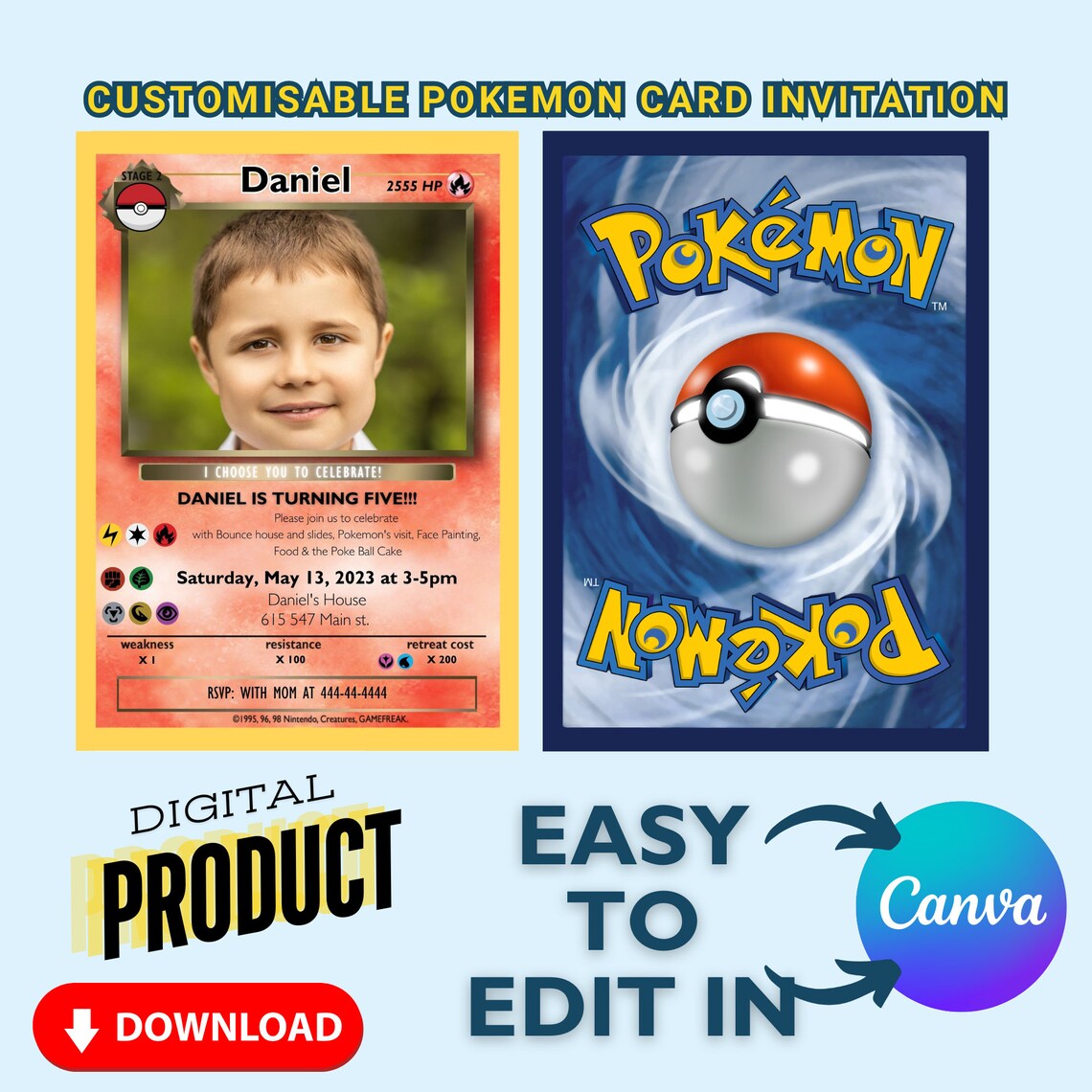 Pikachu / Pokemon Card Birthday Invitation With Picture Photo, Editable ...