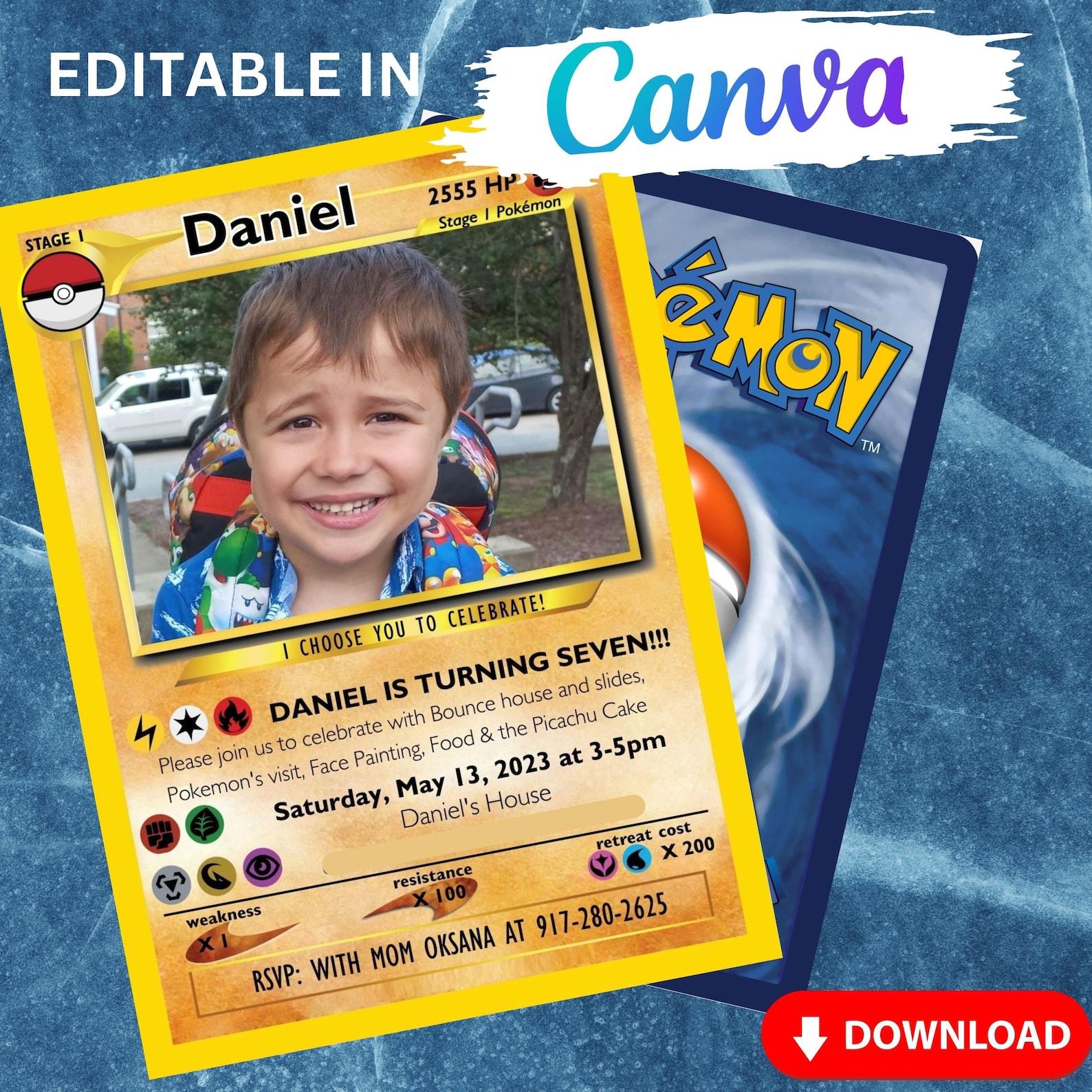 Pikachu / Pokemon Card Birthday Invitation With Picture Photo, Editable ...