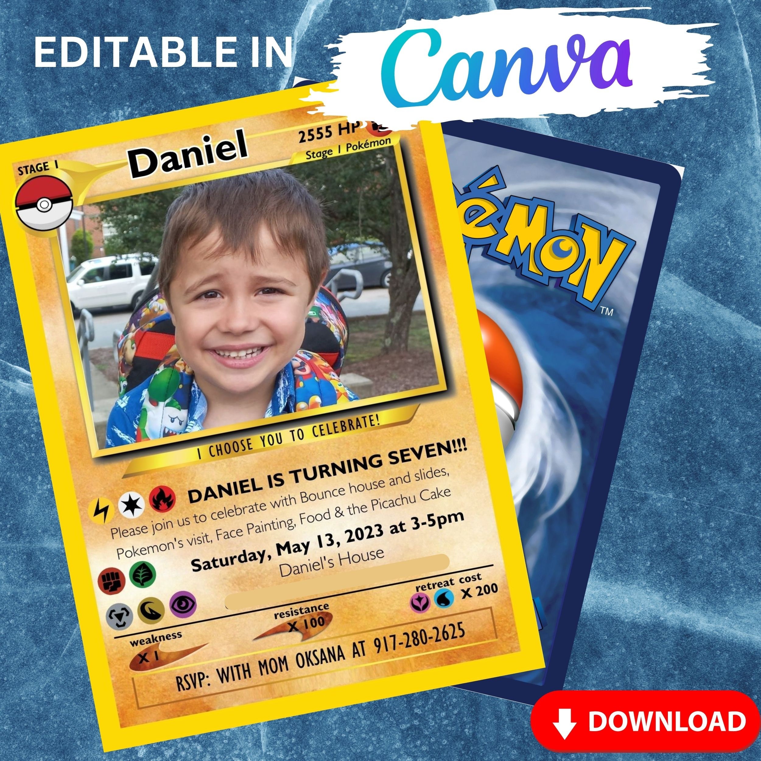 Pikachu / Pokemon Card Birthday Invitation With Picture Photo, Editable ...