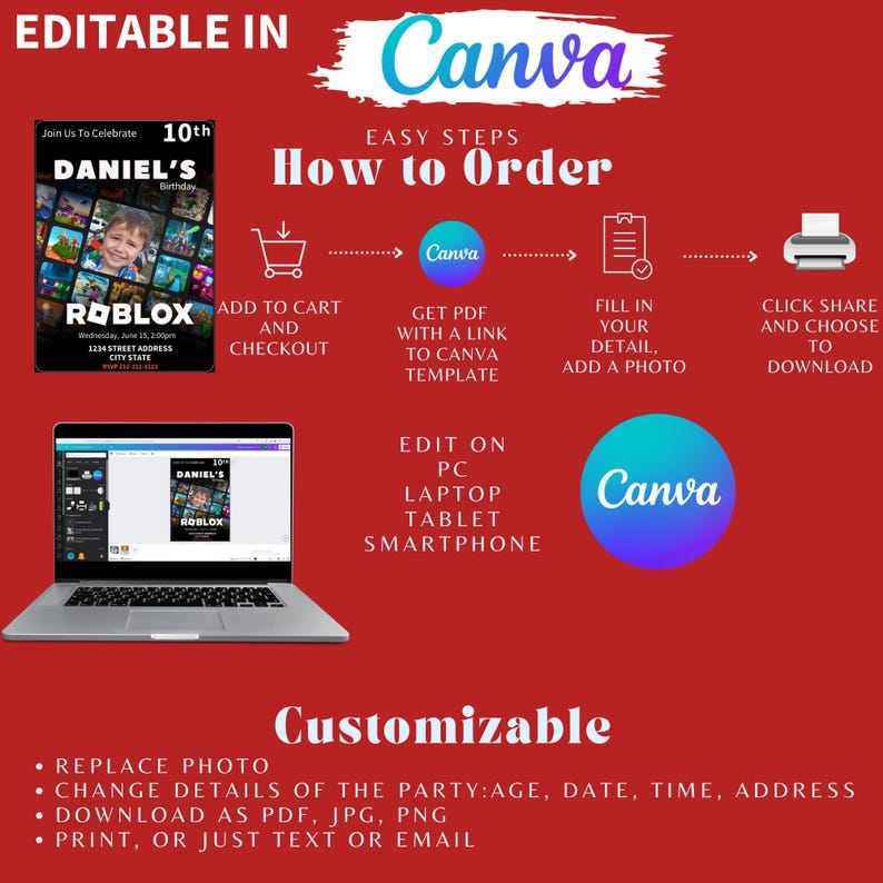Roblox Birthday Invitation: Personalized Photo, Editable Canva Template ...