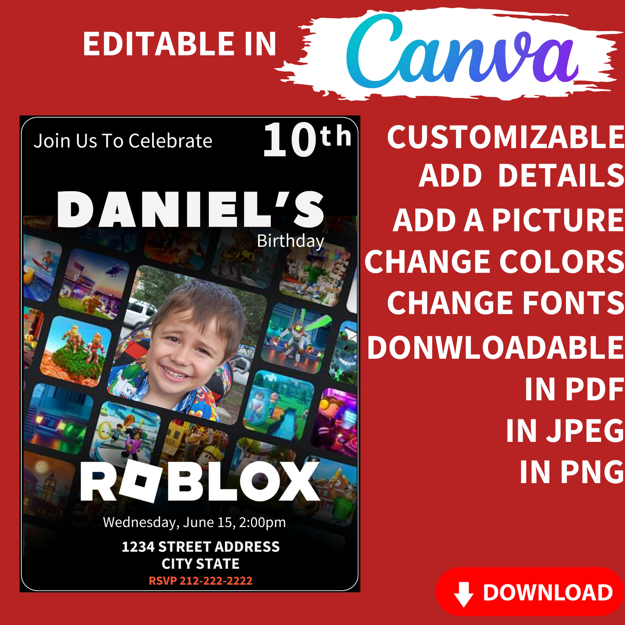 ROBLOX Birthday Party Invitation With A PHOTO, Gift Card Template With ...