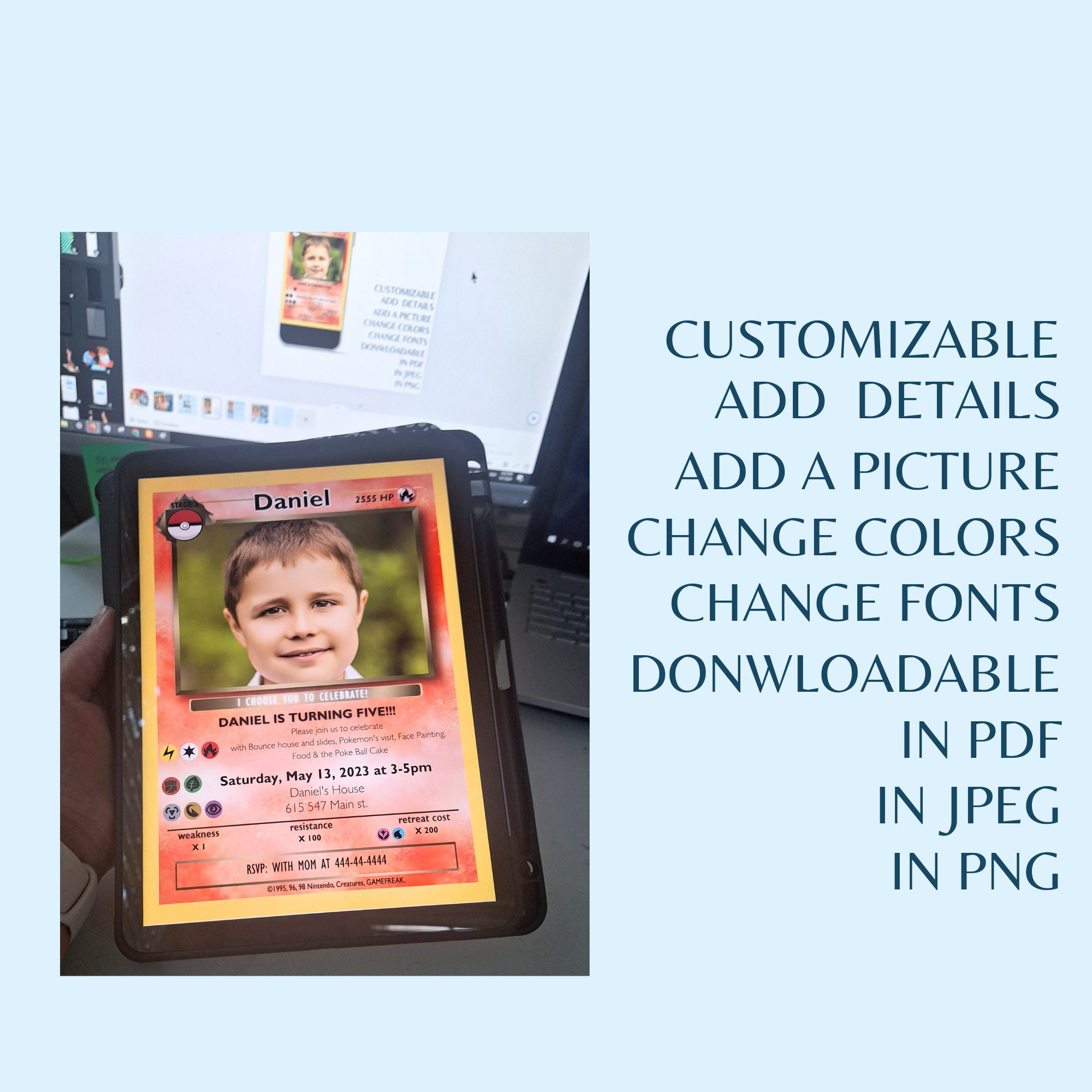 Pikachu / Pokemon Card Birthday Invitation With Picture Photo, Editable ...