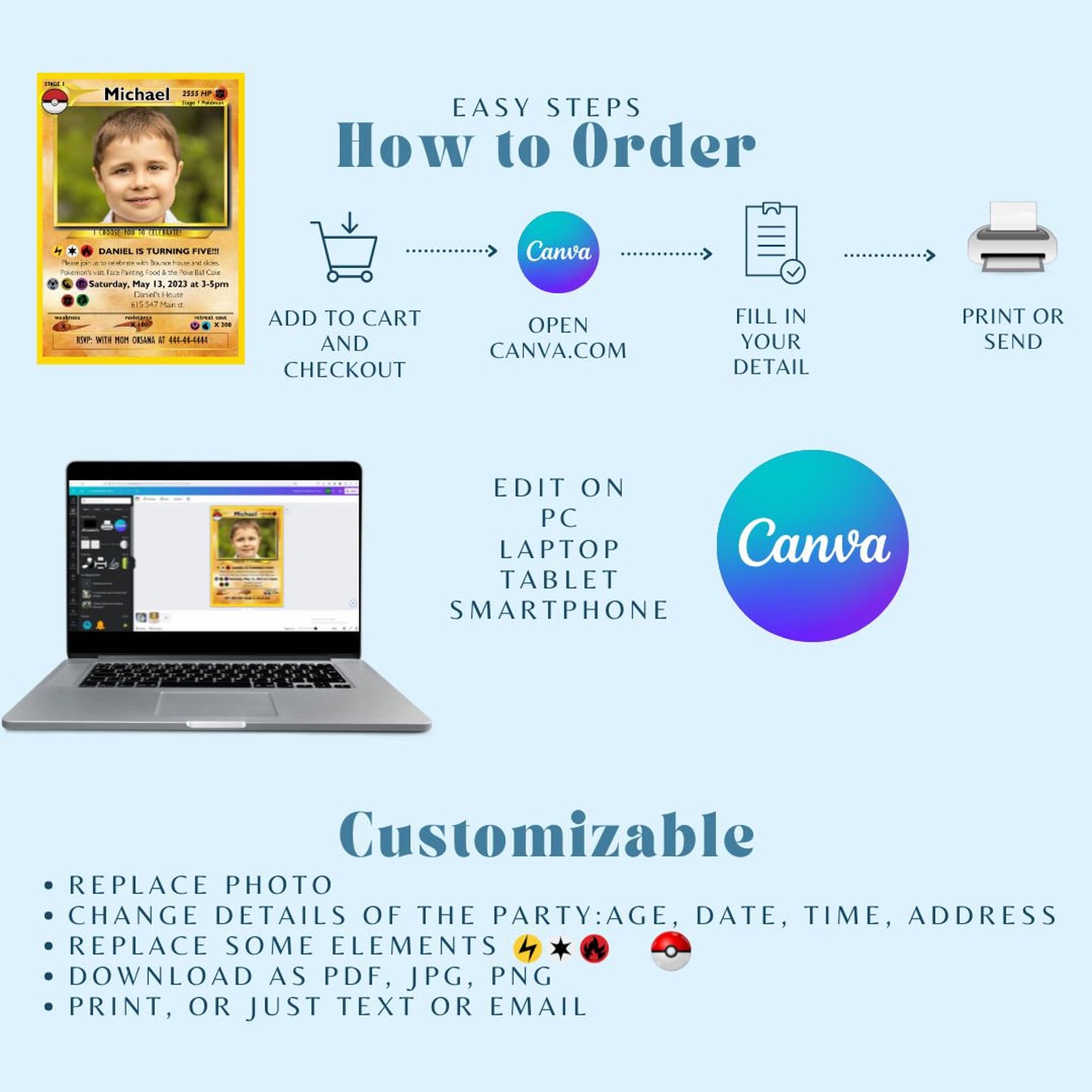 Pikachu / Pokemon Card Birthday Invitation With Picture Photo, Editable ...