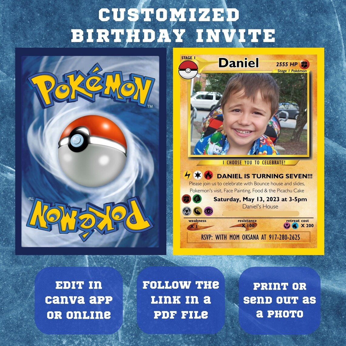 Pikachu / Pokemon Card Birthday Invitation With Picture Photo, Editable ...