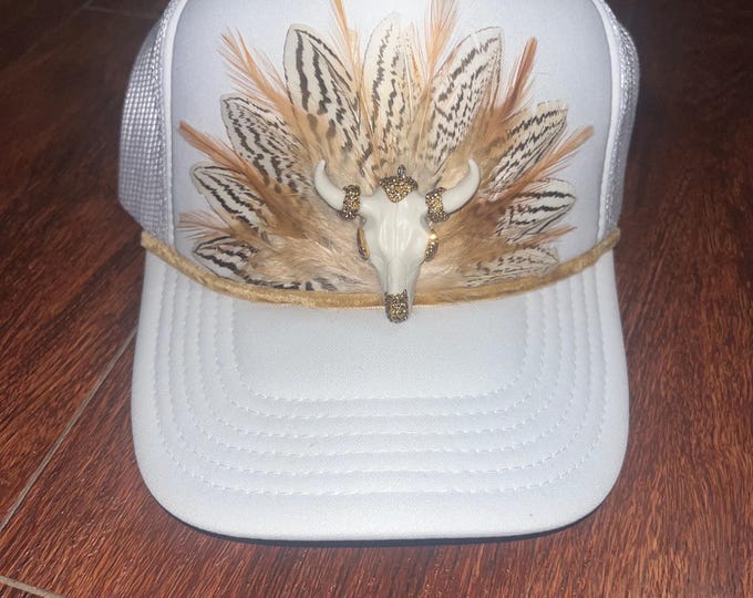 Cow Skull Western Feather Trucker Hat - Etsy