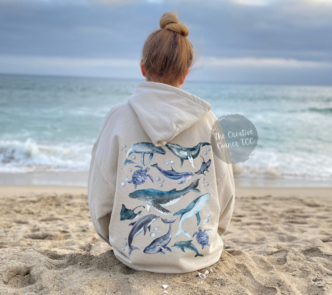 Watercolor Whale Hoodie, Blue Whale Ocean Beach Hoodie Dolphin Turtle ...