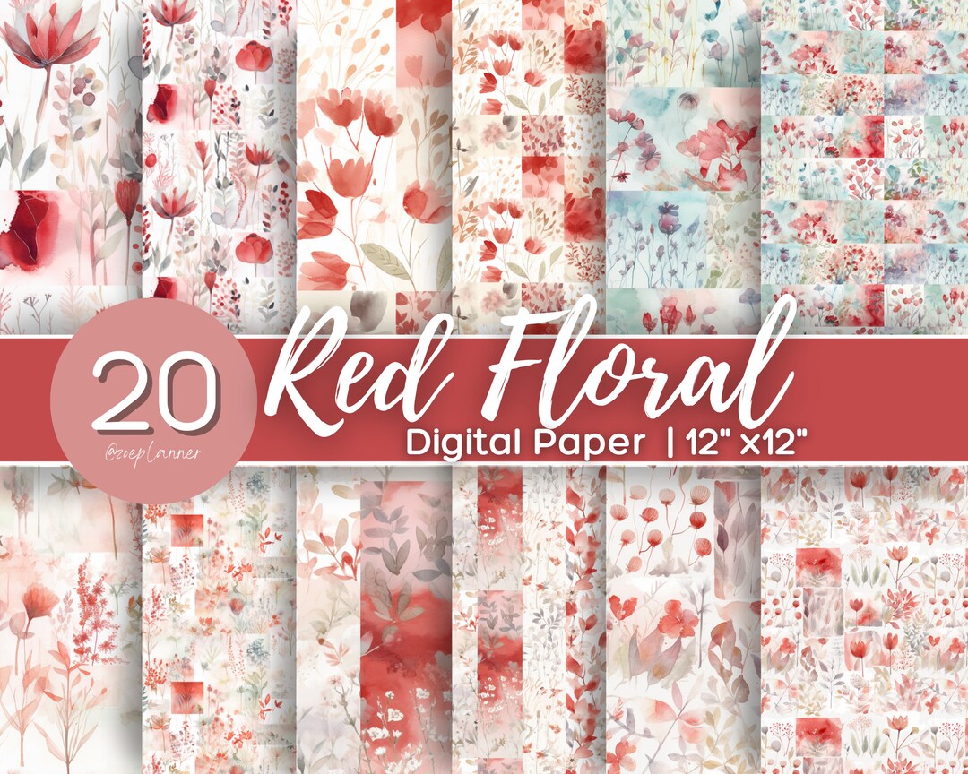 Red Floral Watercolor Digital Paper | Abstract Patchwork Patterns ...