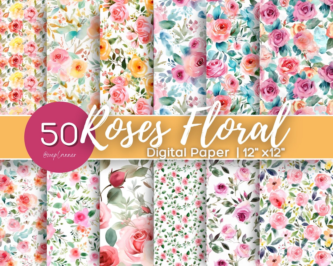 Watercolor Rose Digital Paper Bundle | 50 Floral Scrapbook Paper ...