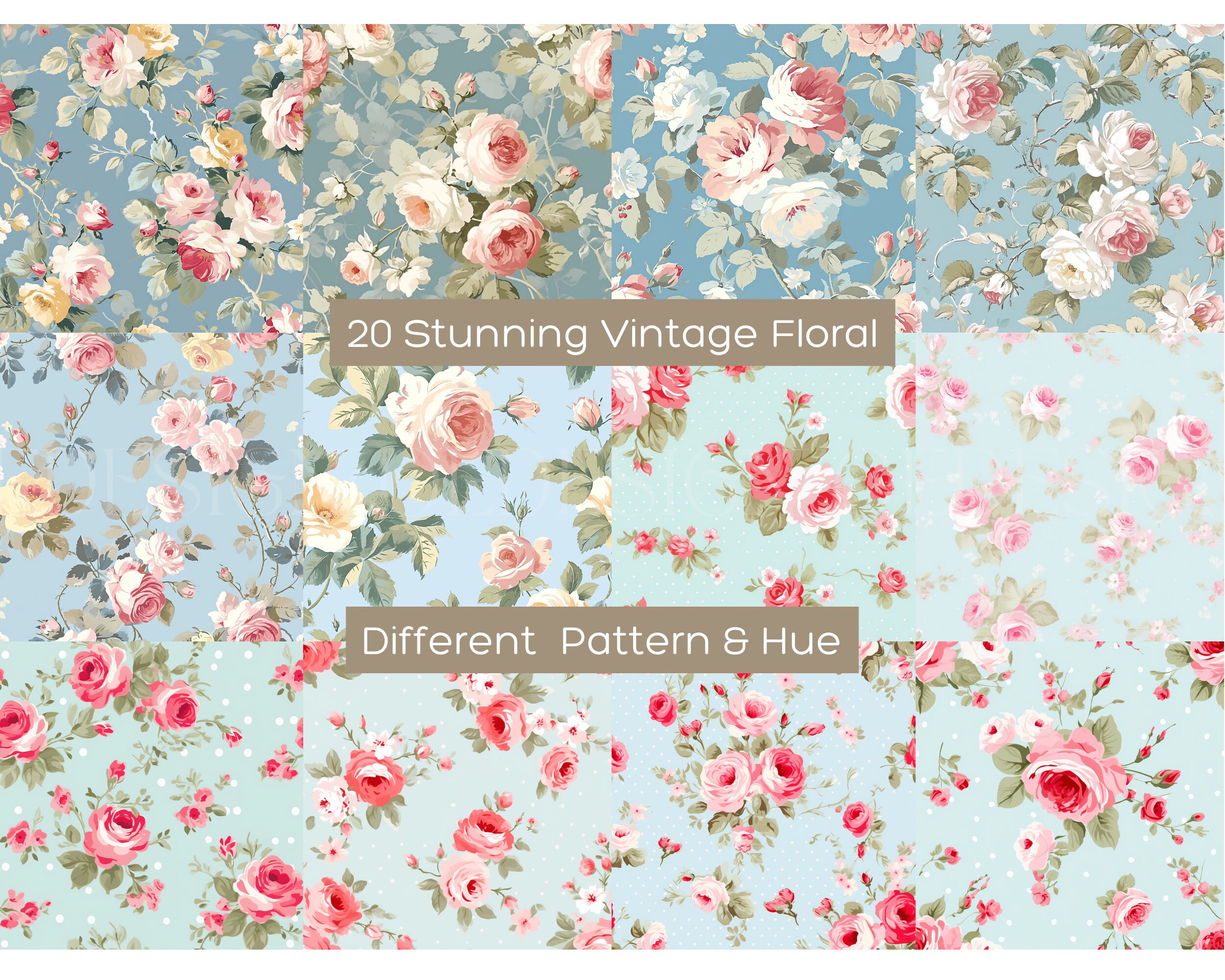 Blue Vintage Roses Floral Digital Paper Cottage Rose Vintage Background ...