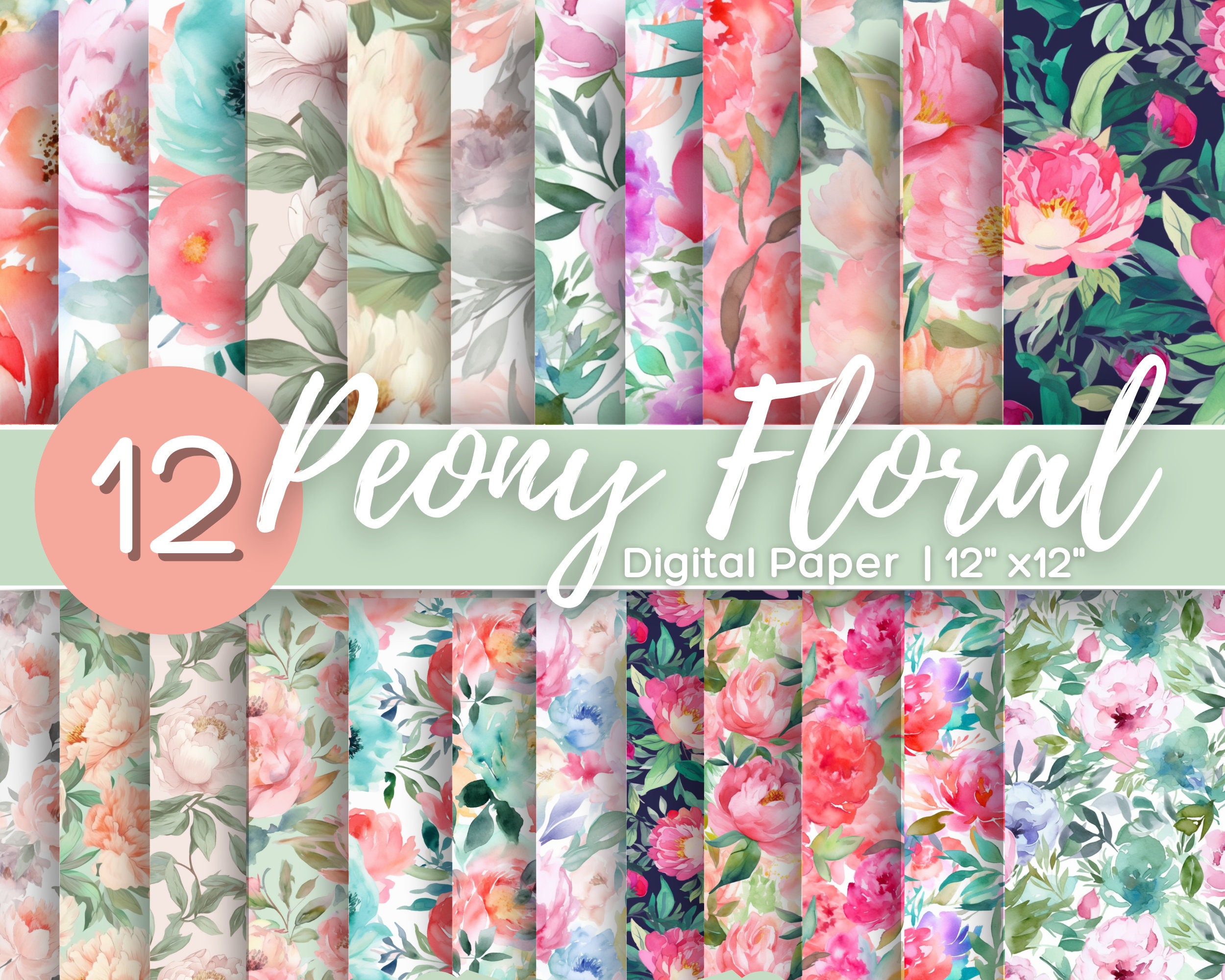 Peony Floral Digital Paper Watercolor Flower Backgrounds Seamless ...