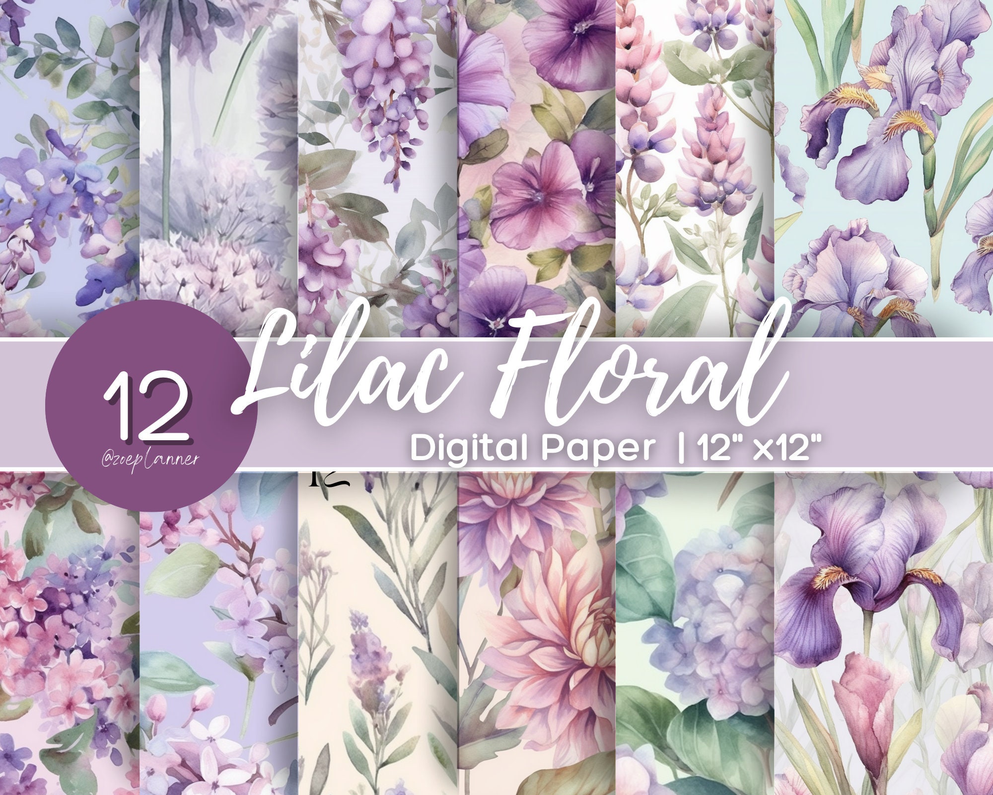 Lilac Floral Digital Paper Watercolor Flower Backgrounds Seamless ...
