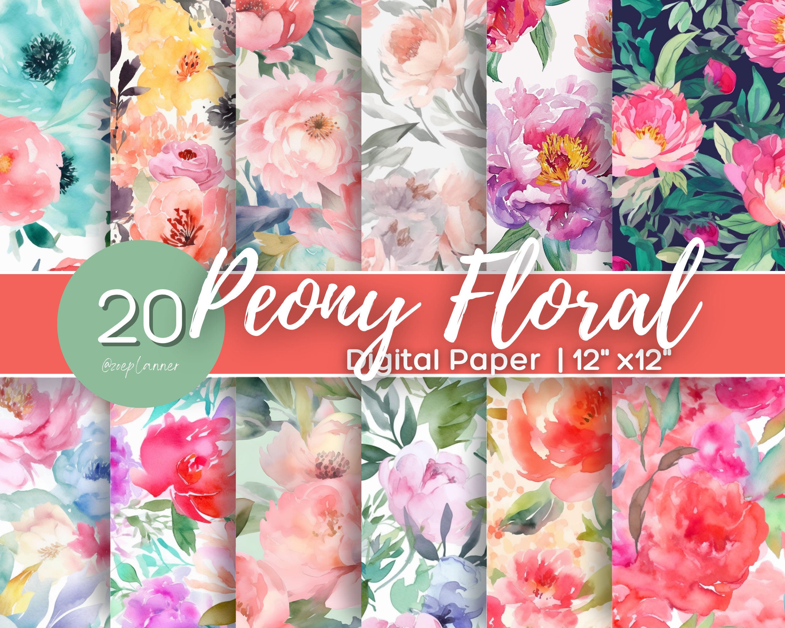 Peony Floral Digital Paper Watercolor Flower Backgrounds Seamless ...