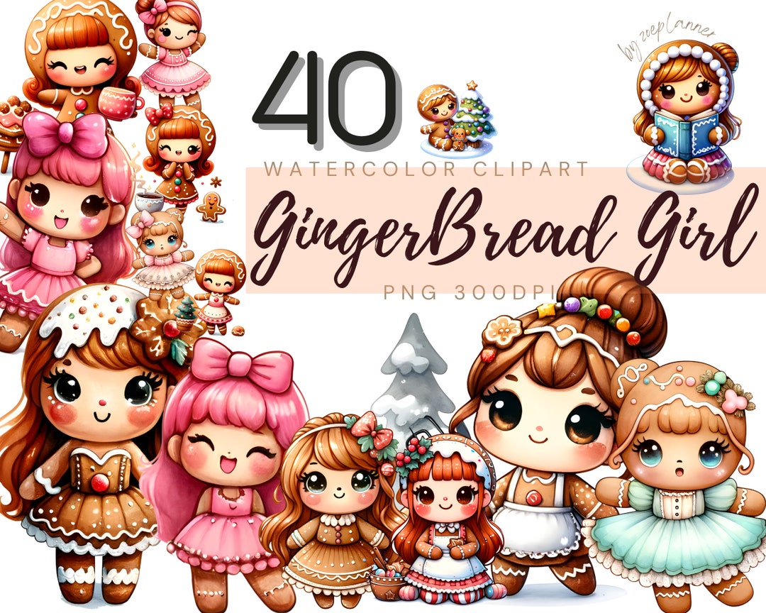 40 Watercolor Clipart - Pink Gingerbread Girl Stickers Christmas ...