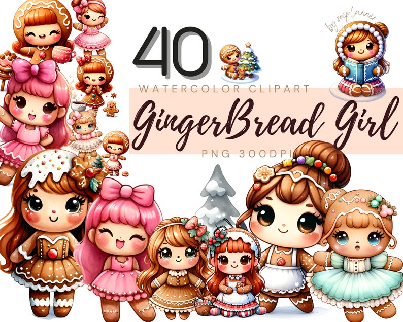 40 Watercolor Clipart - Pink Gingerbread Girl Stickers Christmas ...