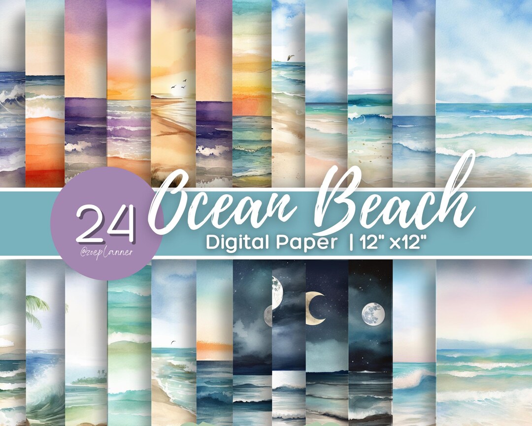 Ocean Beach Seaside Clipart Summer Digital Paper - Watercolor Hand ...