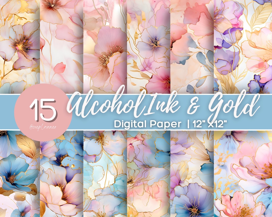Pastel Alcohol Ink Floral Digital Paper - Seamless Gold Leaf Flower ...