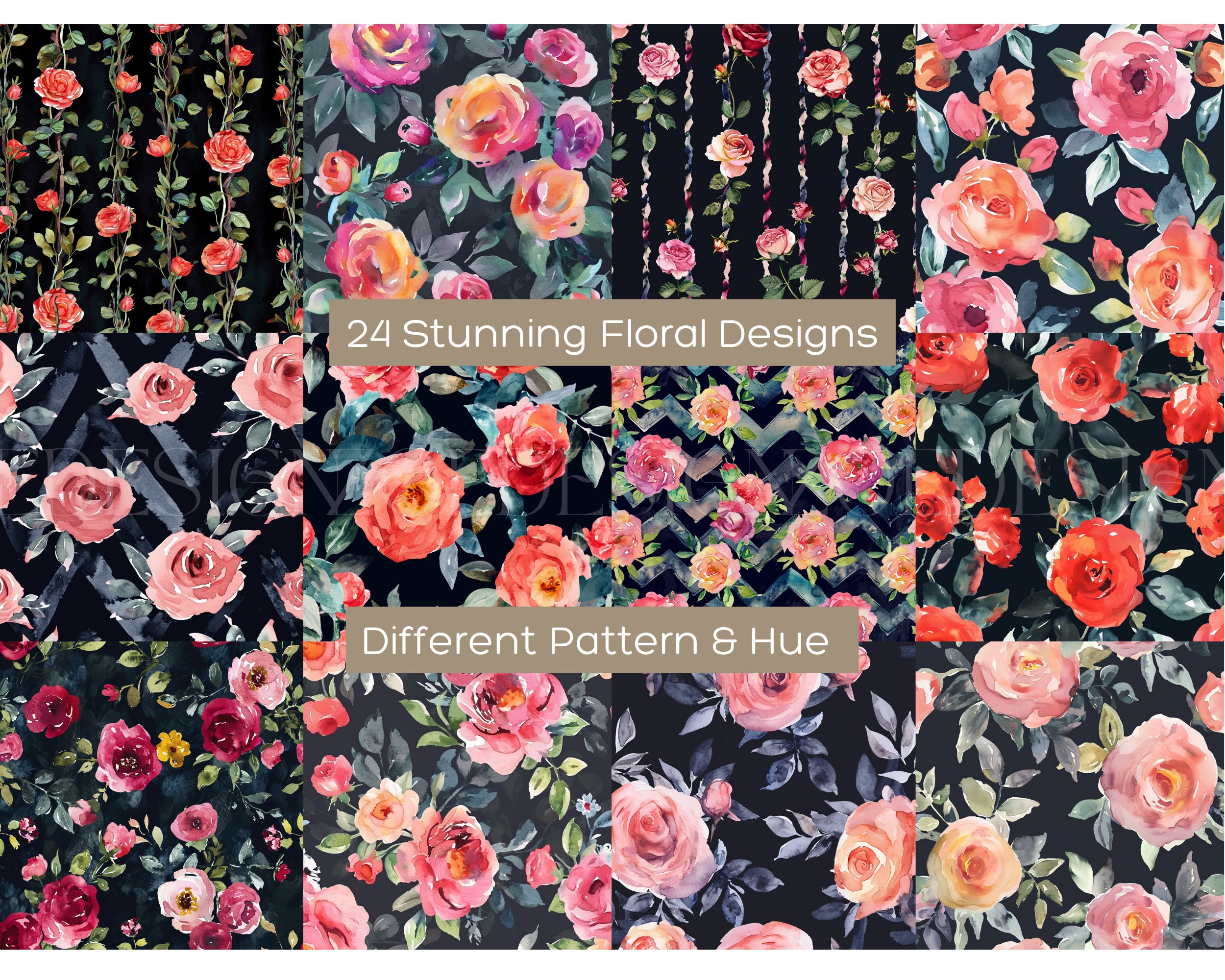 Black Roses Floral Digital Paper - Watercolor Flower Backgrounds ...