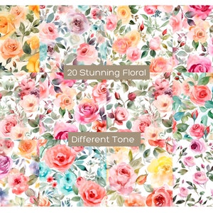 20 Roses Floral Digital Paper Watercolor Flower Backgrounds Patterns ...