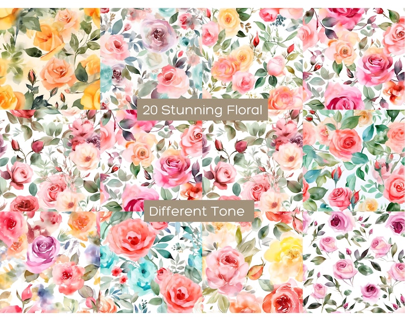 20 Roses Floral Digital Paper - Watercolor Flower Backgrounds Patterns ...
