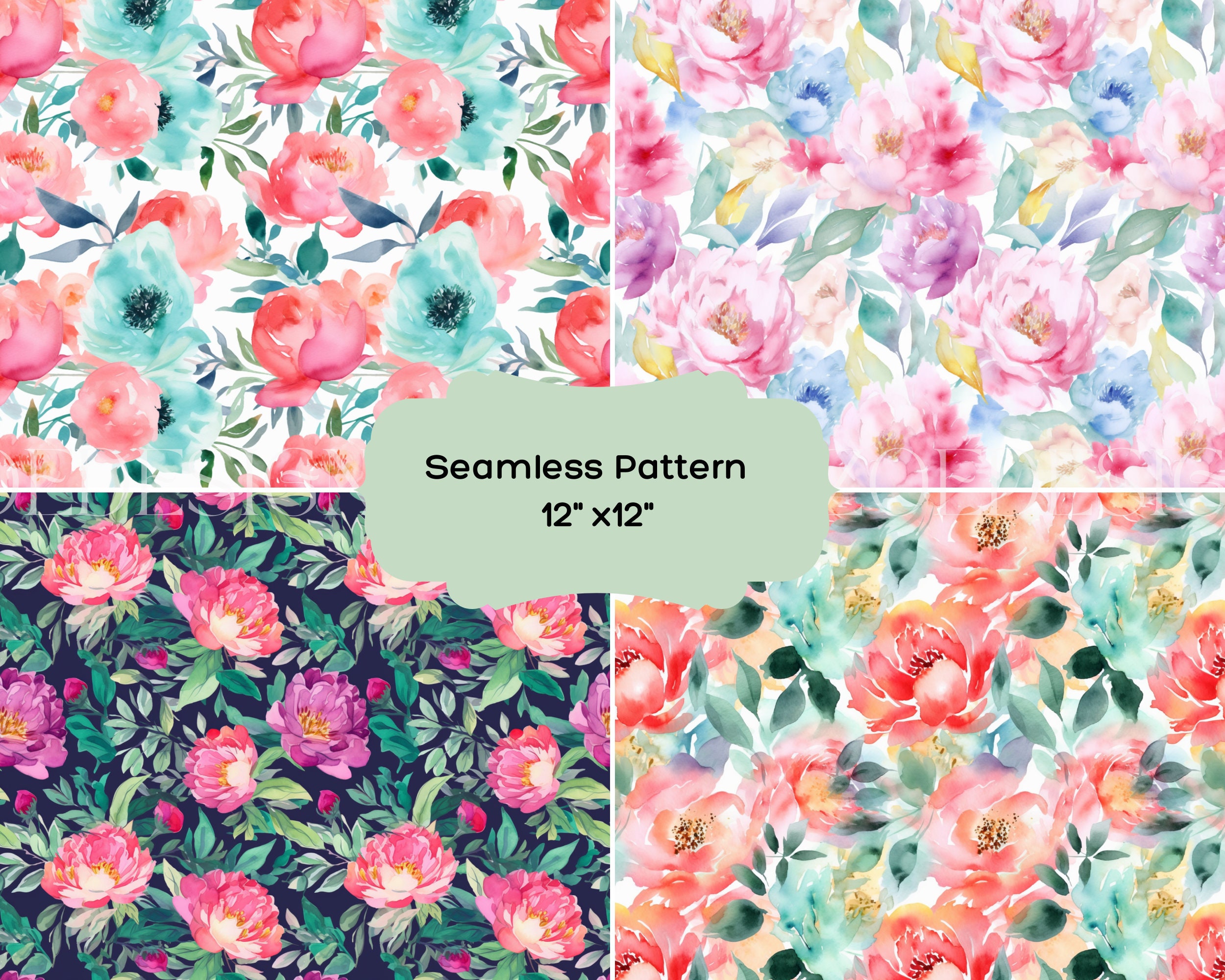 Peony Floral Digital Paper - Watercolor Flower Backgrounds Seamless ...